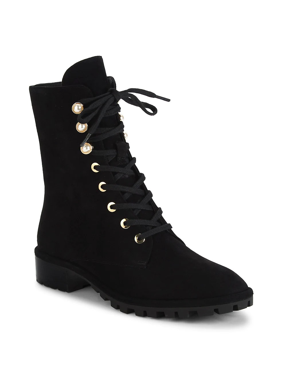 Sale on Stuart Weitzman Laine Faux Pearl-Embellished Suede Combat Boots