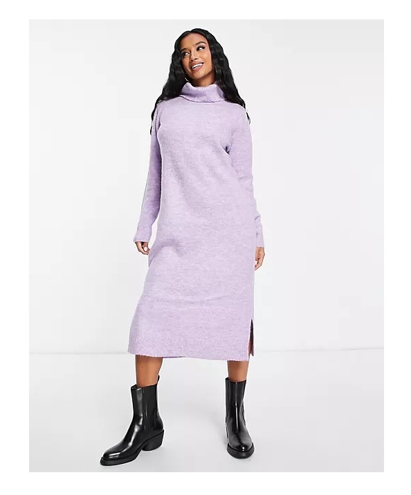 Pieces Petite turtle neck knit midi dress in lilac - Dealperx