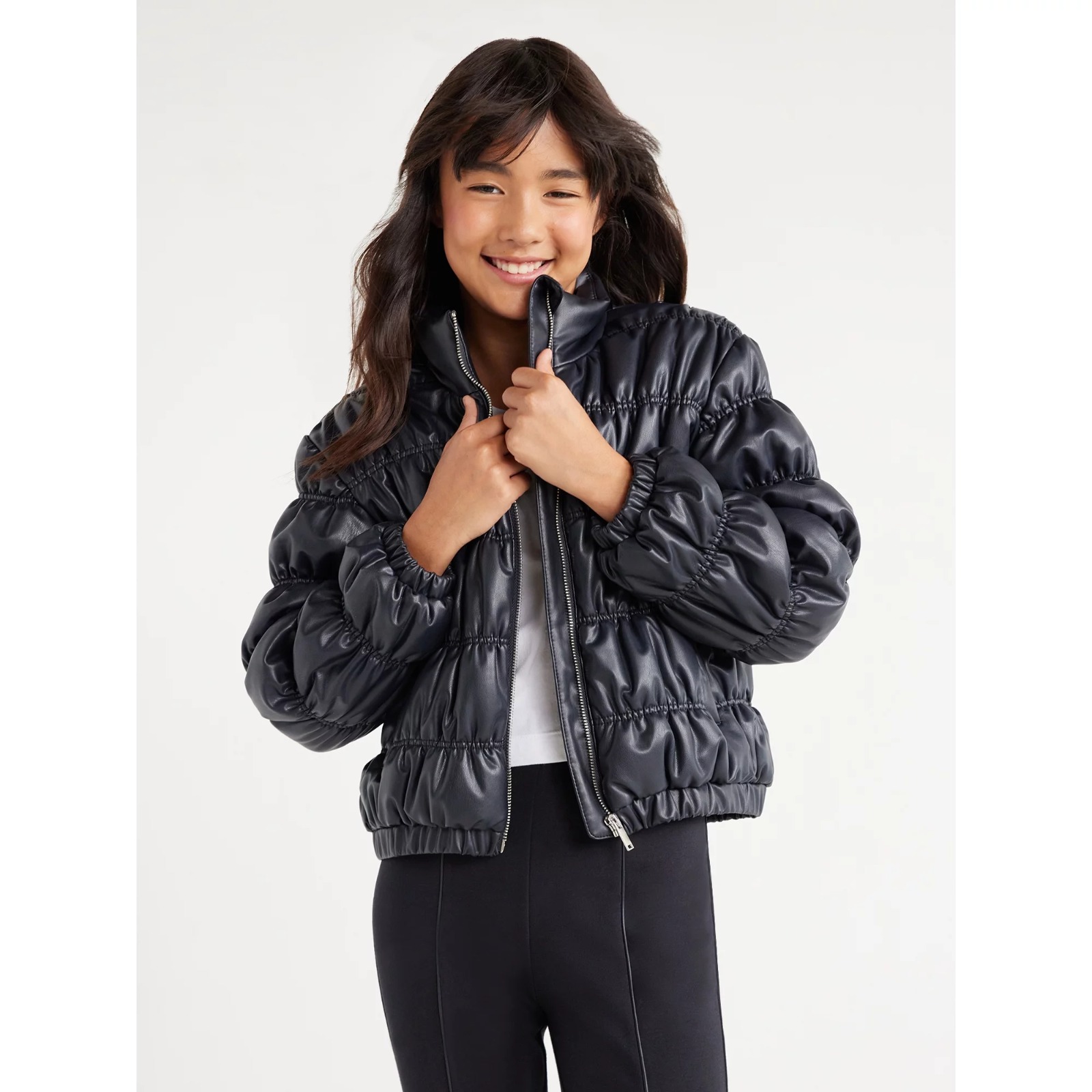 Girls Faux Leather Ruched Puffer Jacket - Dealperx